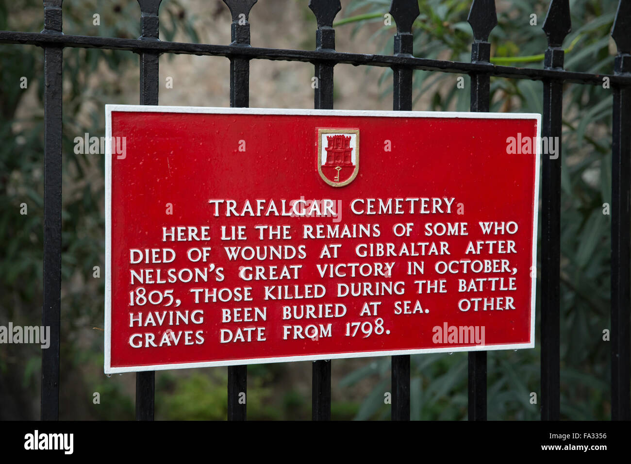 Trafalgar Cemetery red sign in Gibraltar Stock Photo - Alamy