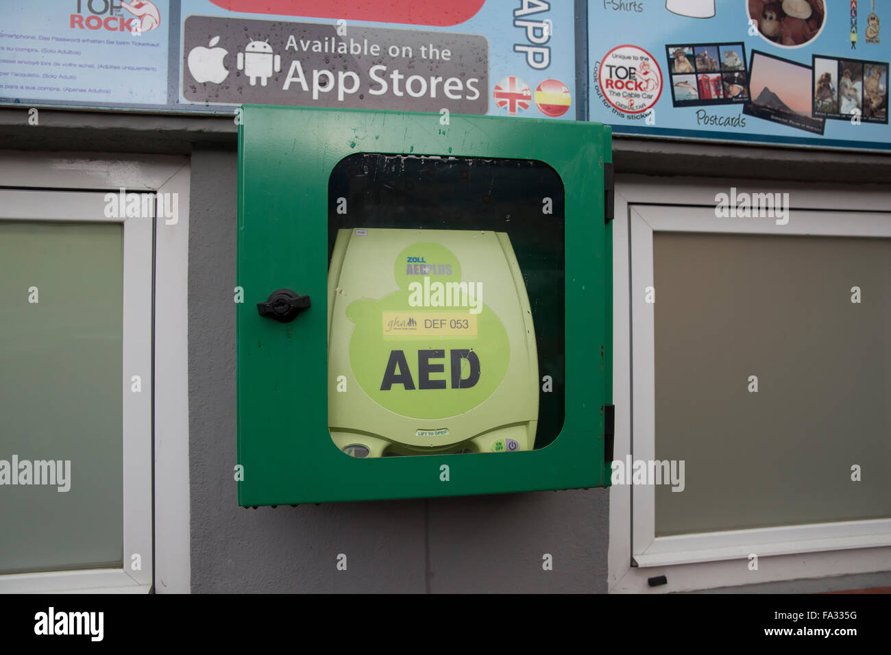 AED, automatic electronic defibrillator on a wall in Gibraltar Stock ...