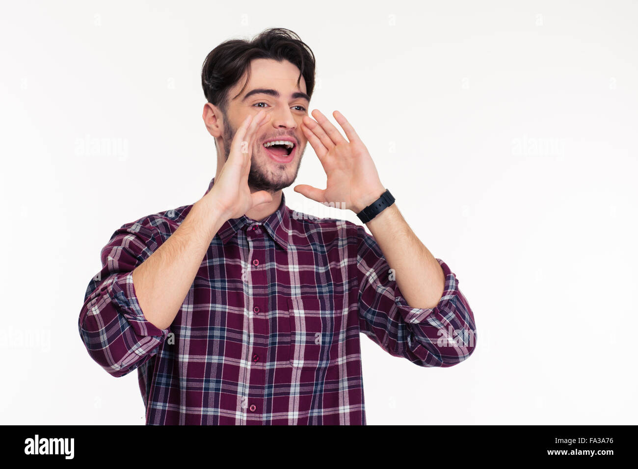 Portrait of a happy man screaming isolated on a white background Stock ...