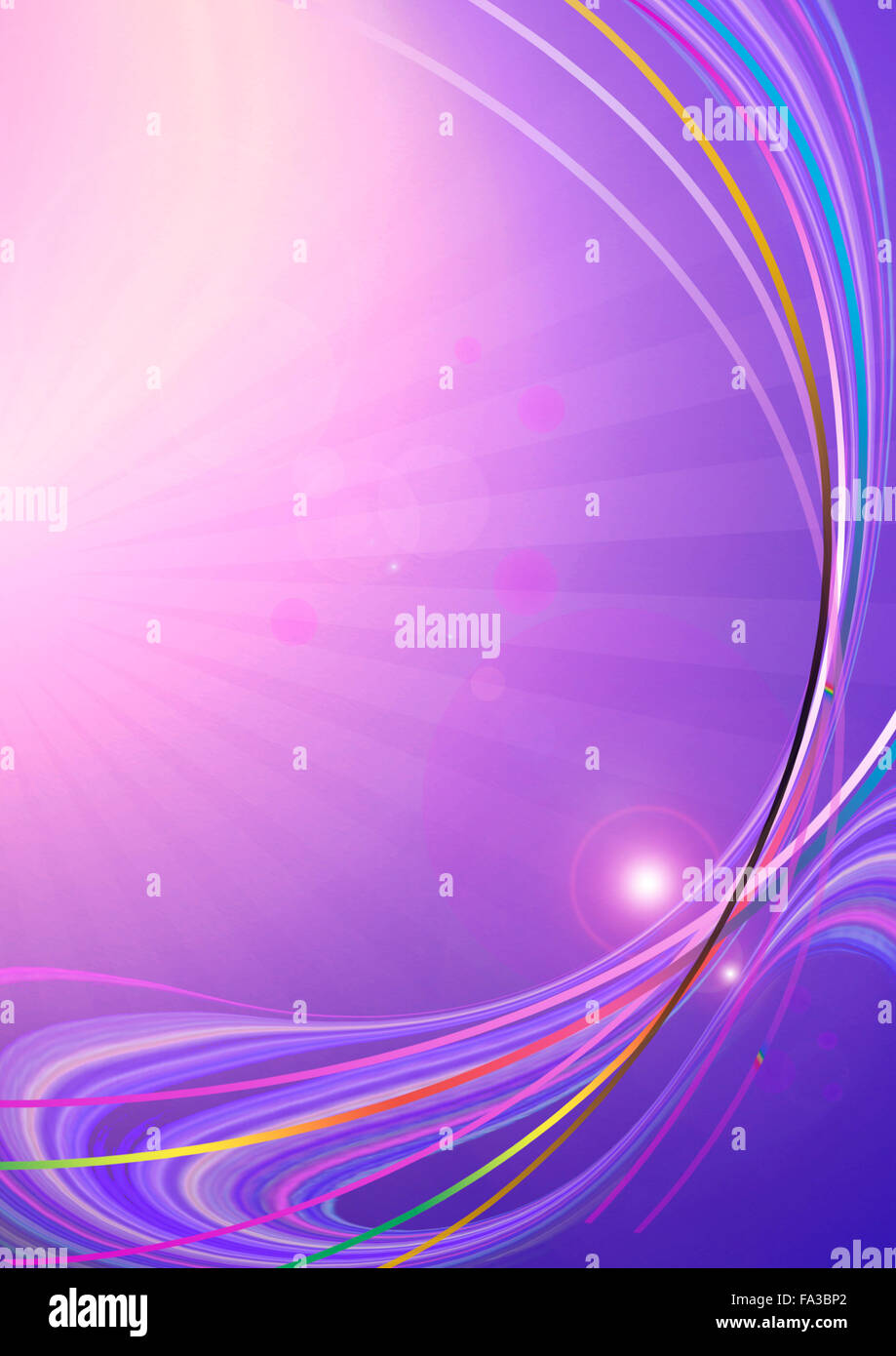Radiant purple background covered iridescent curved lines and flares ...