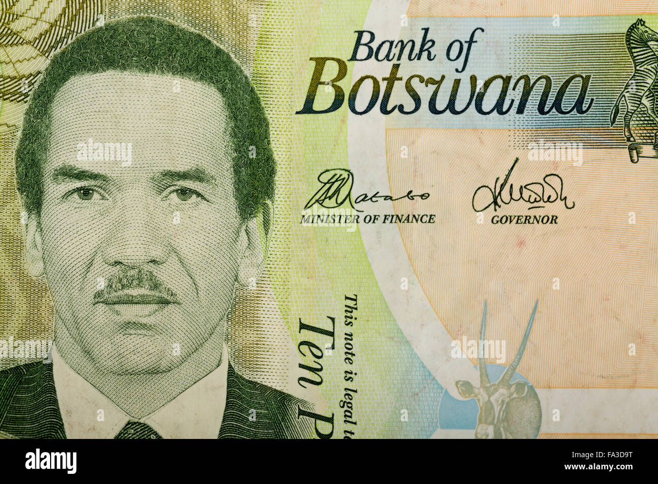 Detail of 10 Botswana Pula banknote. Botswana Pula is the national ...