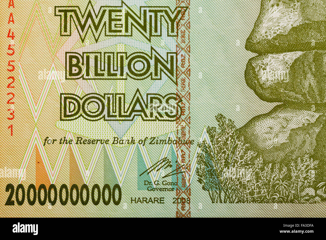 Macro of Zimbabwe twenty billion dollars banknote. Now void currency ...