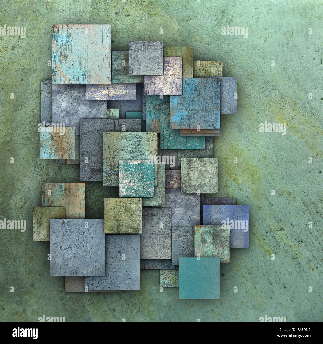 3d fragmented blue green square grunge tiles Stock Photo - Alamy
