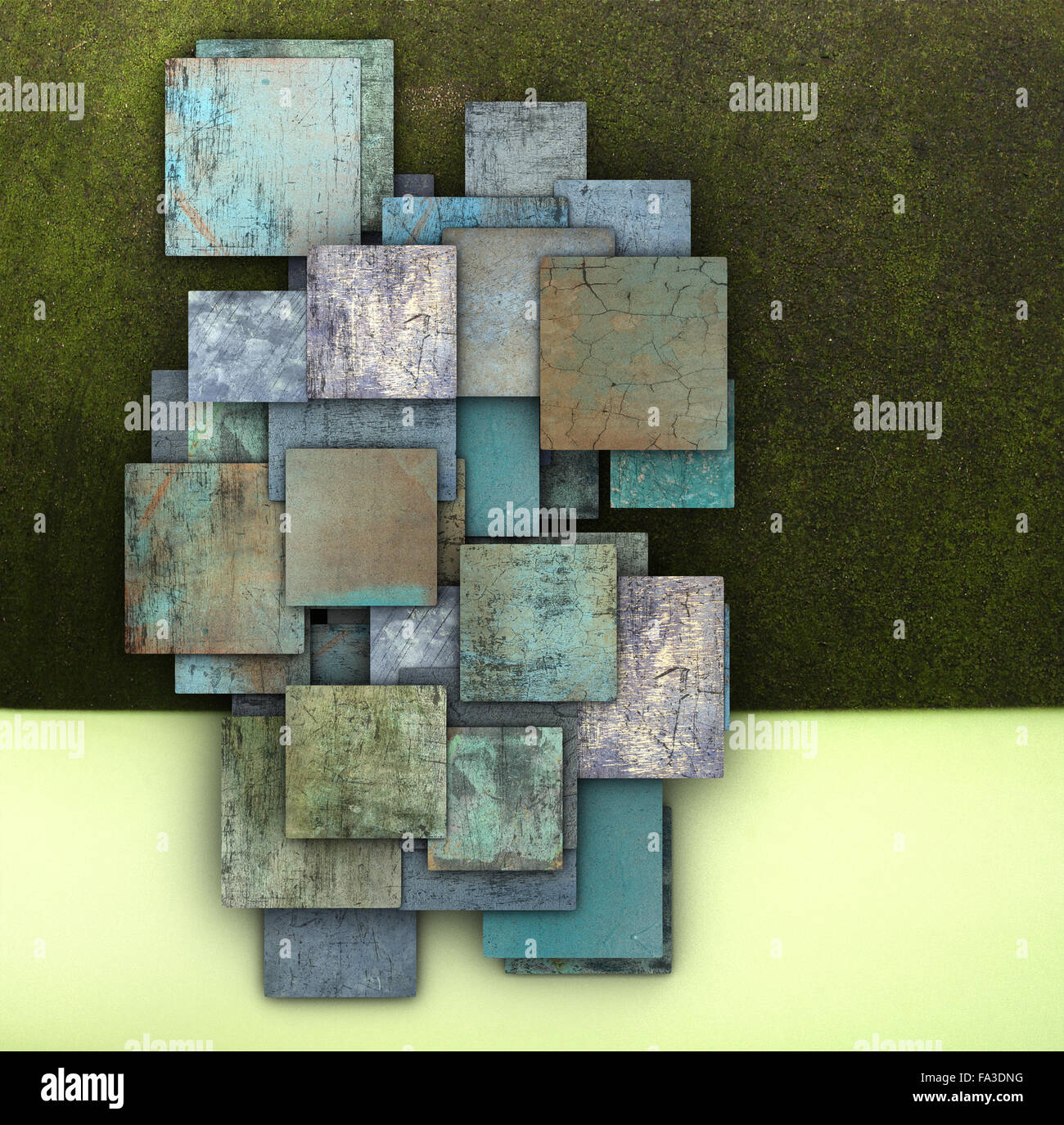 3d fragmented blue green square grunge tiles Stock Photo - Alamy