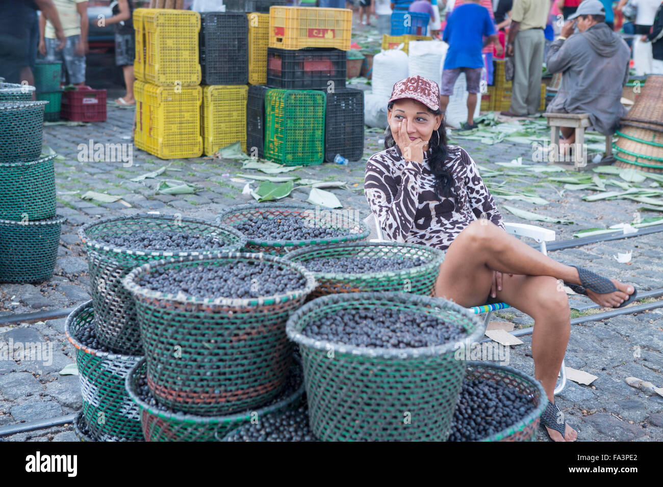 The morning açai berry tropical fruit market in Belem, Para, Brazilian ...