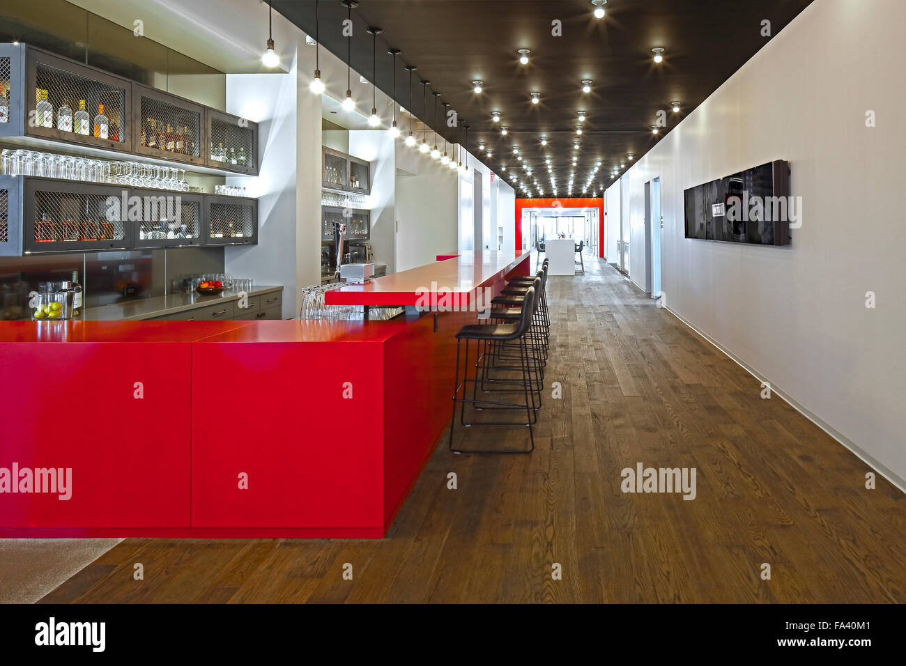 Bar area and main hallway with view toward offices. Tribeca Office, New ...