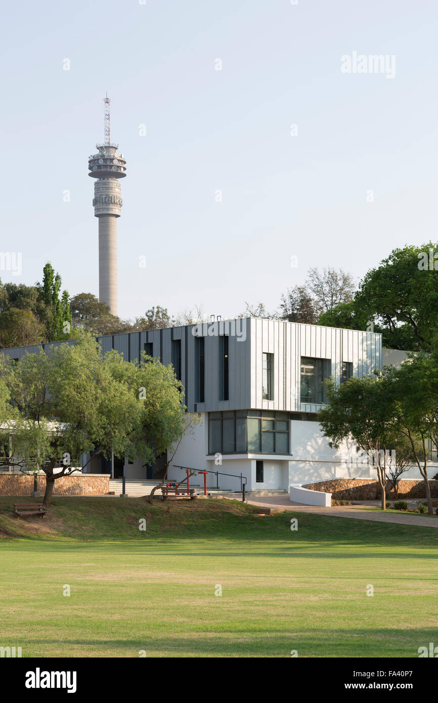 View of the main administration building from across the field with the ...
