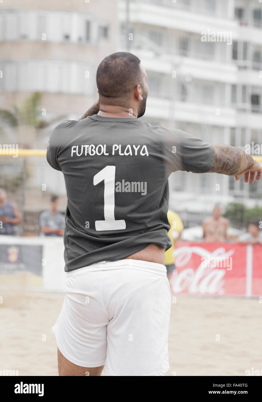 Goalkeeper at beach football tournament in Spain Stock Photo - Alamy