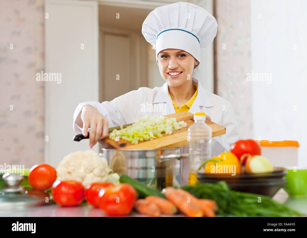 beautiful cook woman cooking vegetarian dinner at commercial kitchen ...