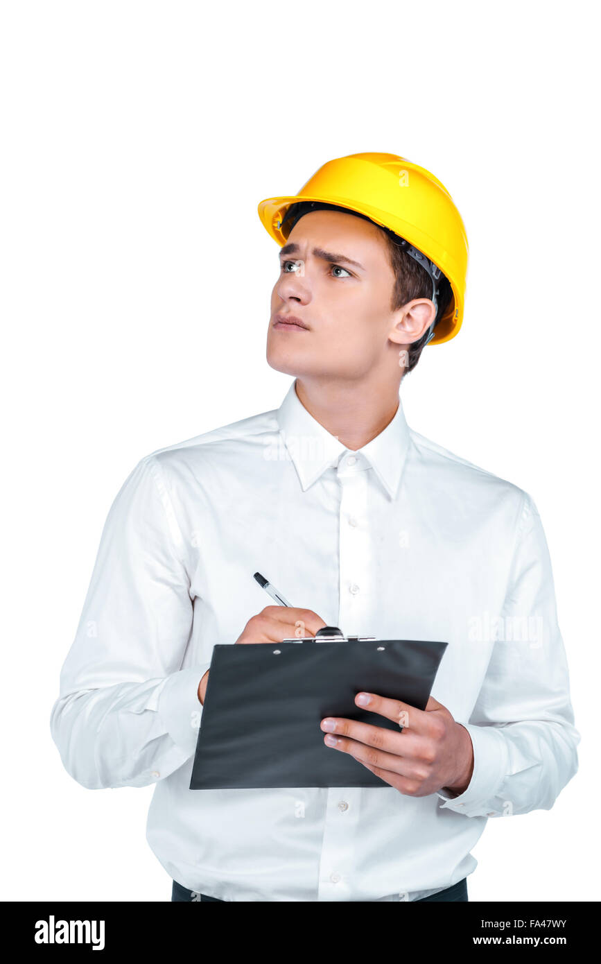 Young engineer on white background Stock Photo - Alamy