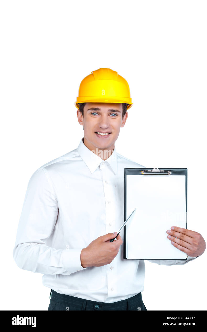 Young engineer on white background Stock Photo - Alamy