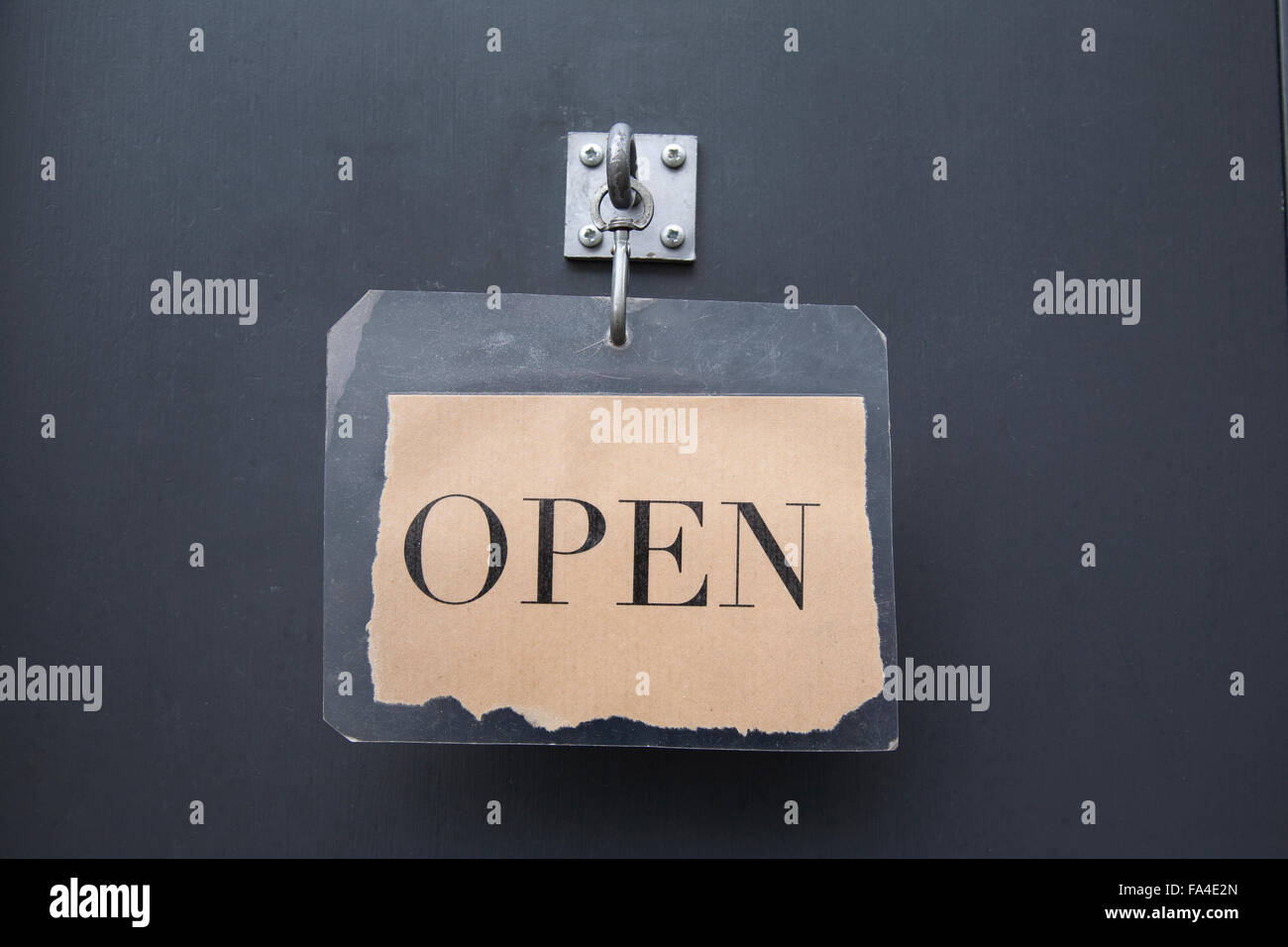 Open Sign on Black Door Background Stock Photo - Alamy