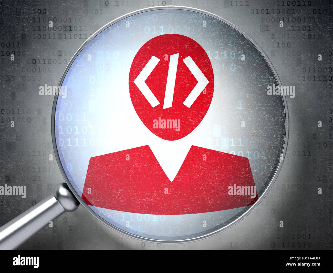 Software concept: Programmer with optical glass on digital background ...