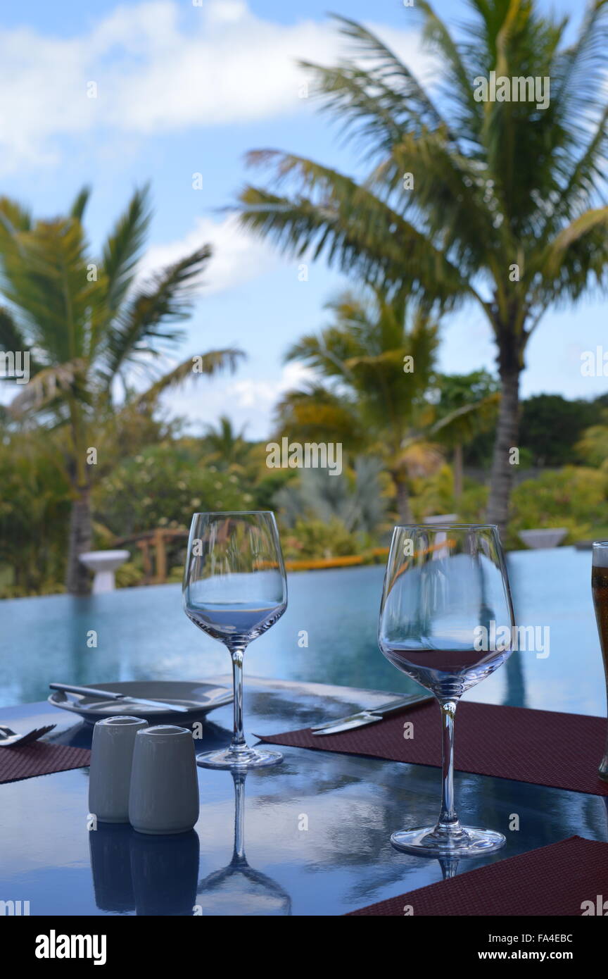 wine glass coconut tree relaxing restaurant setting cutlery Stock Photo ...