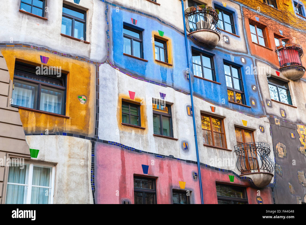 Hundertwasser house, colorful facade fragment, one of the most popular ...
