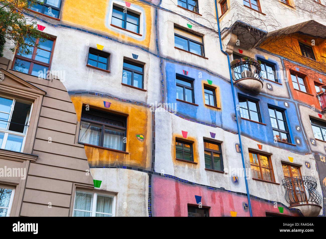 Hundertwasser house, colorful facade fragment, popular landmark of ...