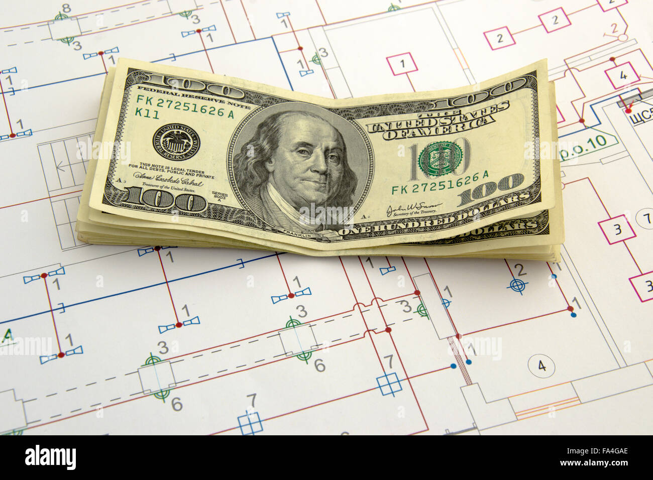 Money dollars in the work plan drawing Stock Photo - Alamy