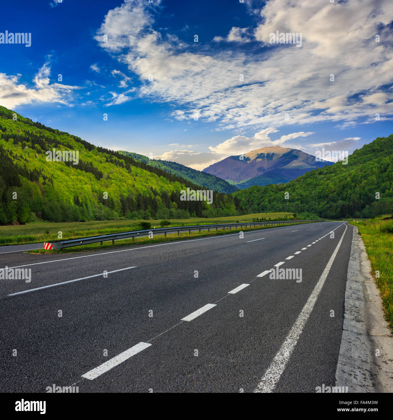 stright asphalt road in mountains passes through the green shaded ...