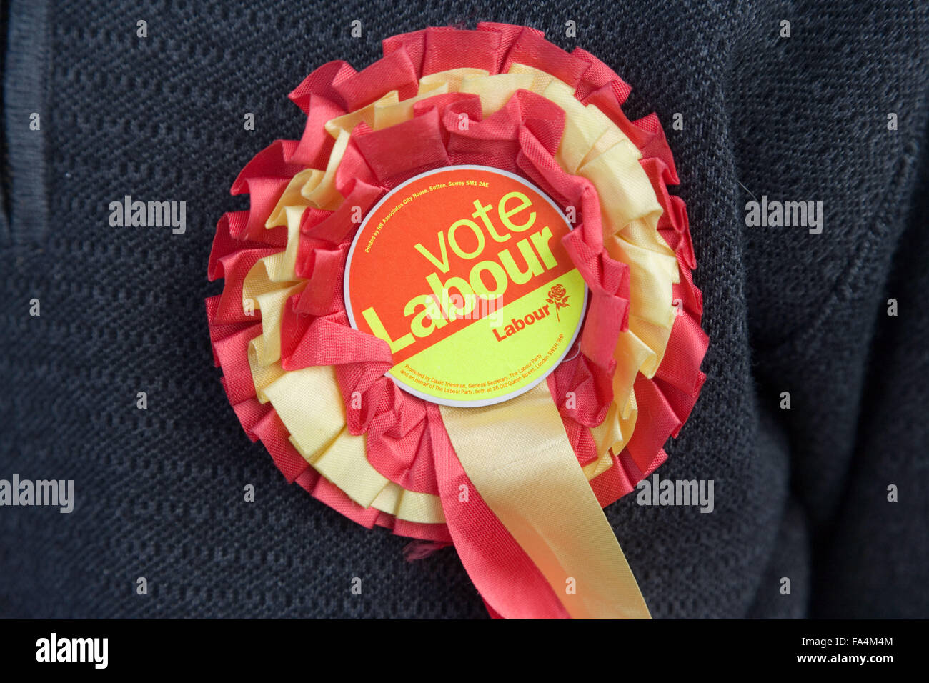 Rosette belonging to a canvasser for Labour votes in the run up to the ...