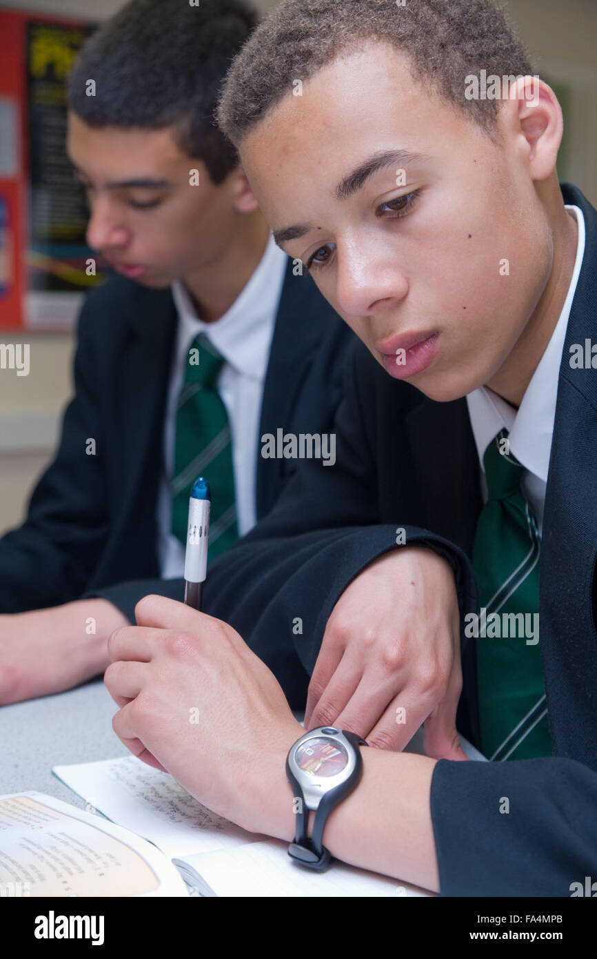 Secondary School student studying data and finding of experiments in ...
