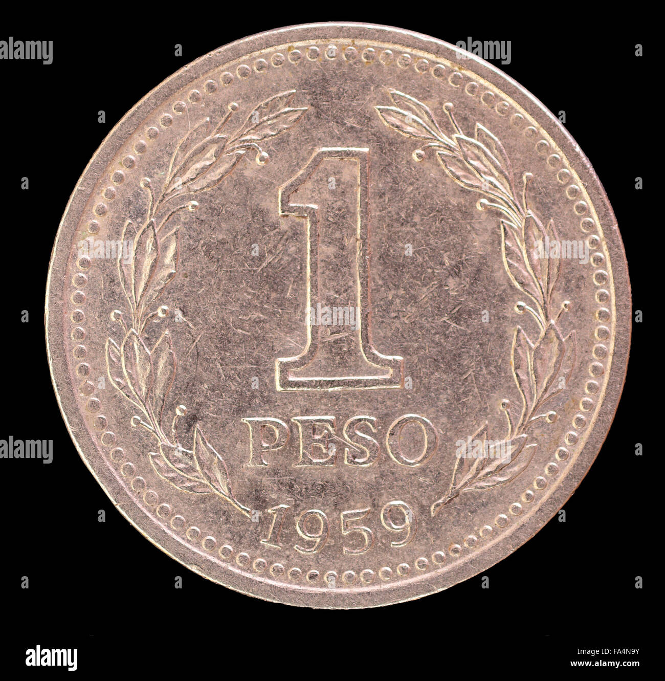The tail face of one peso coin, issued by the Republic of Argentina in ...
