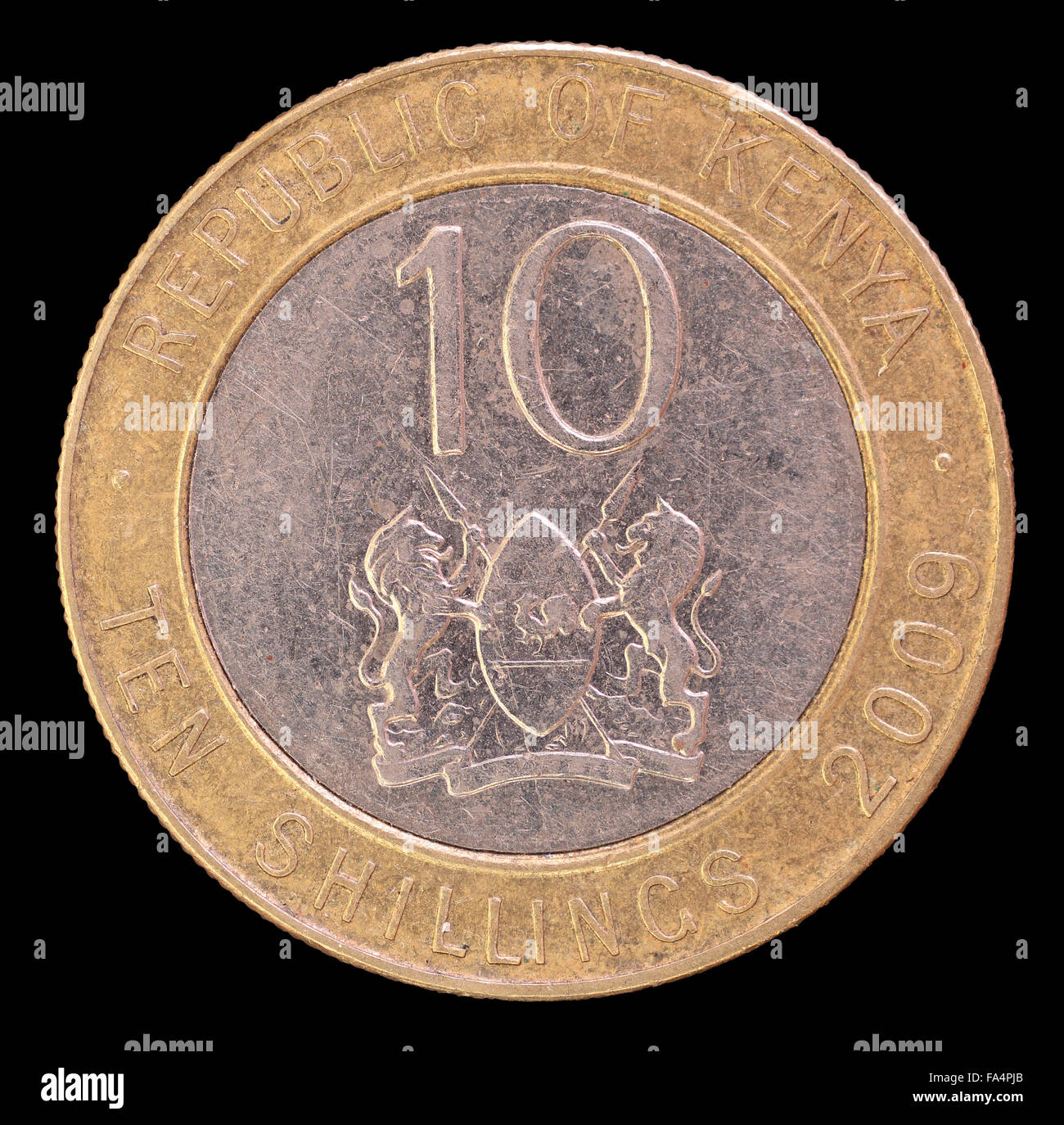 The tail face of ten shillings coin, issued by Kenya in 2009, depicting ...