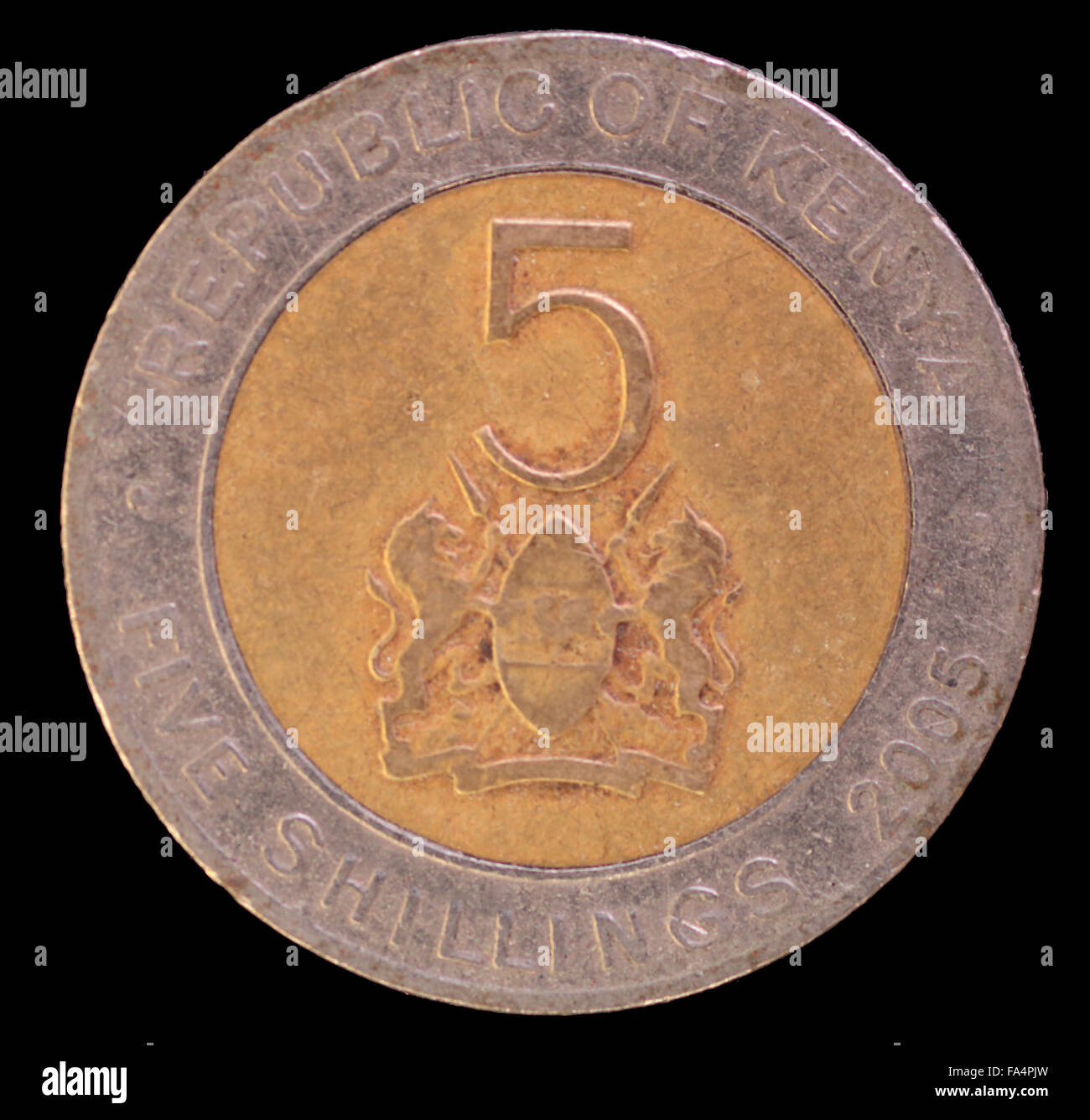 The tail face of 5 shillings coin, issued by Kenya in 2005, depicting ...