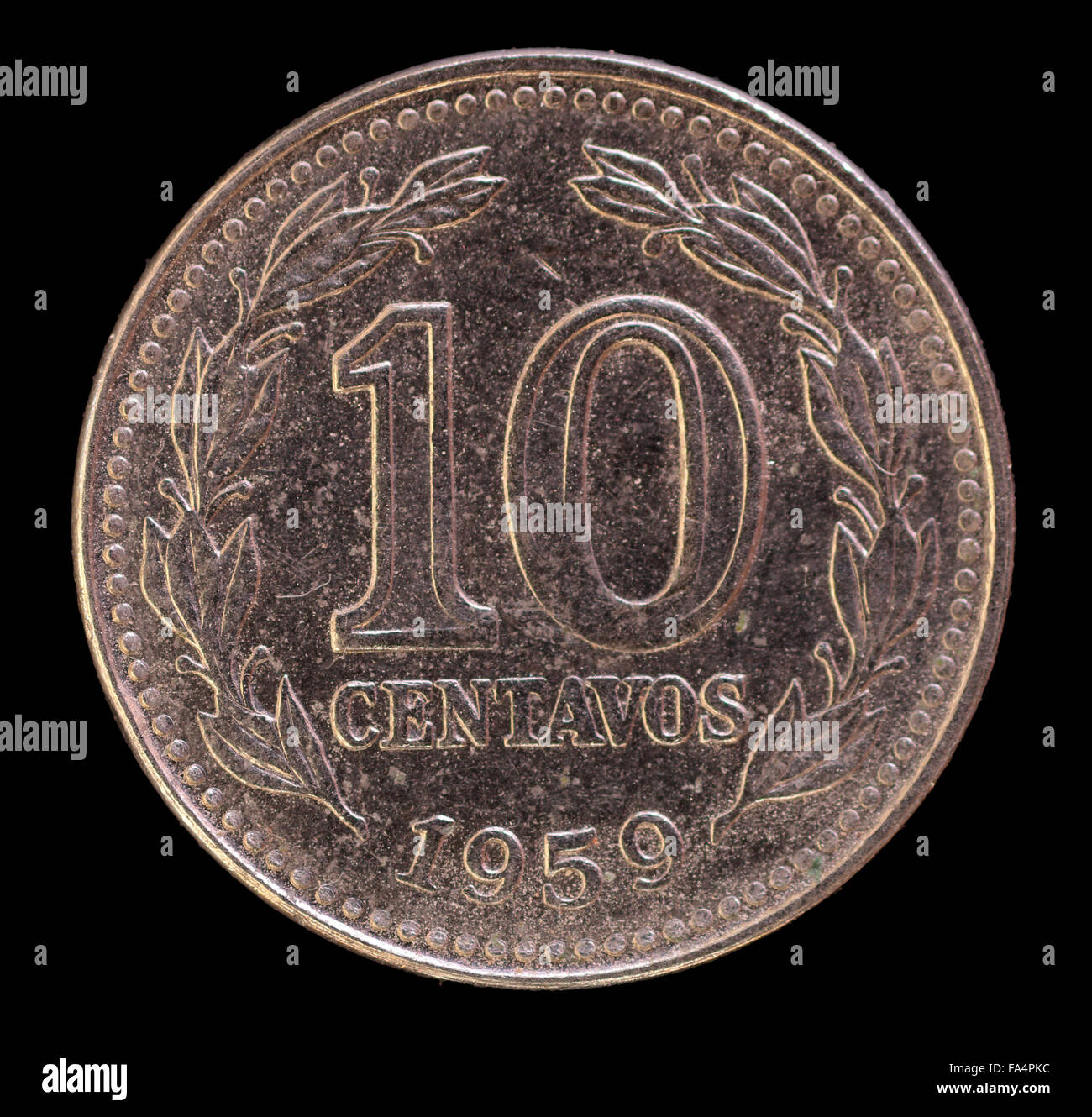 The tail face of 10 centavos coin, issued by Argentina in 1959. Image ...