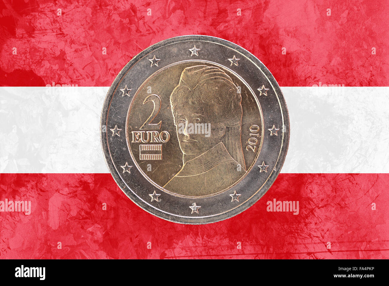 Two euros coin from Austria isolated on the national austrian flag as ...