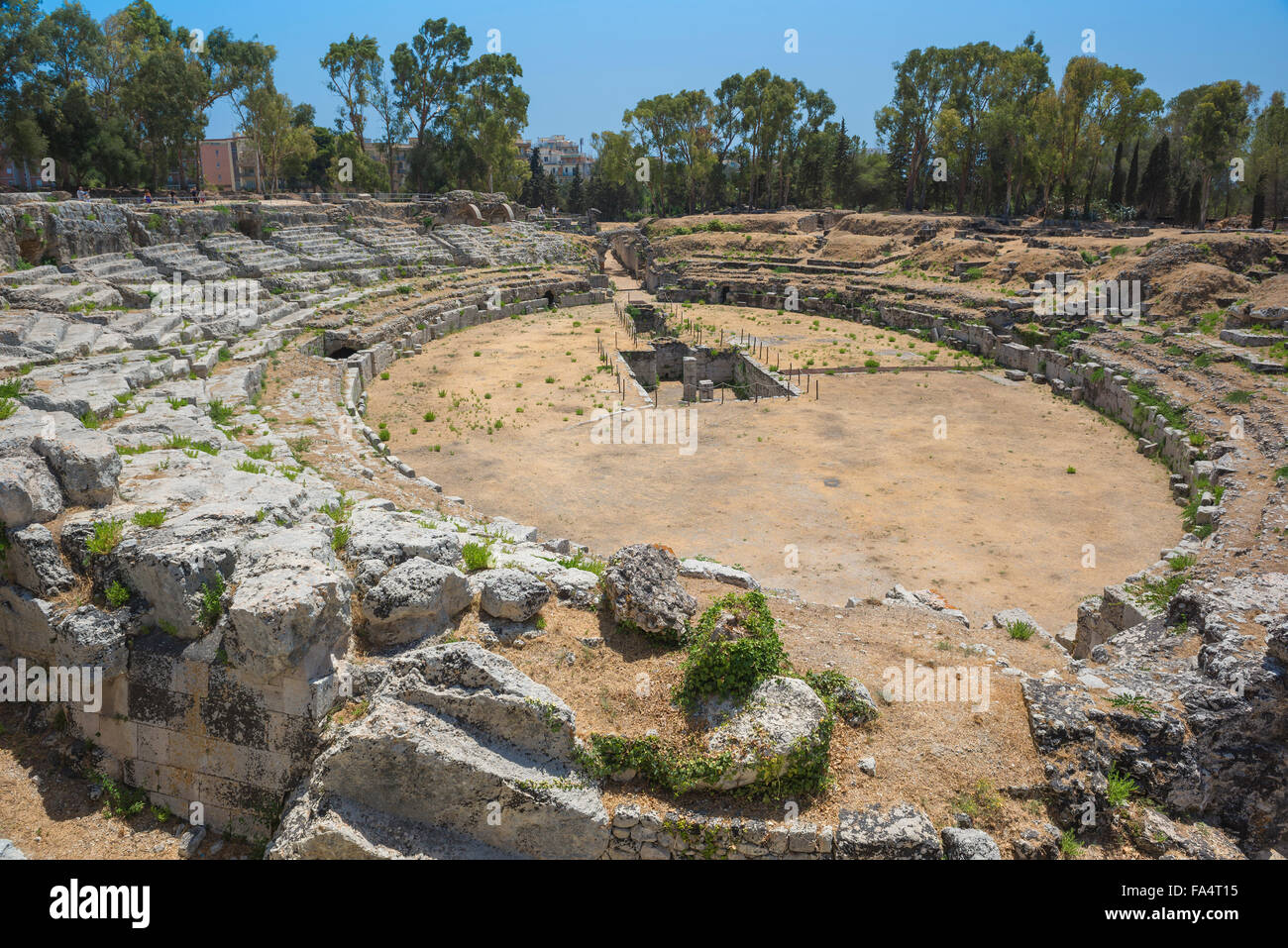Roman amphitheatre, view in summer of the ruins of a Roman amphitheatre ...