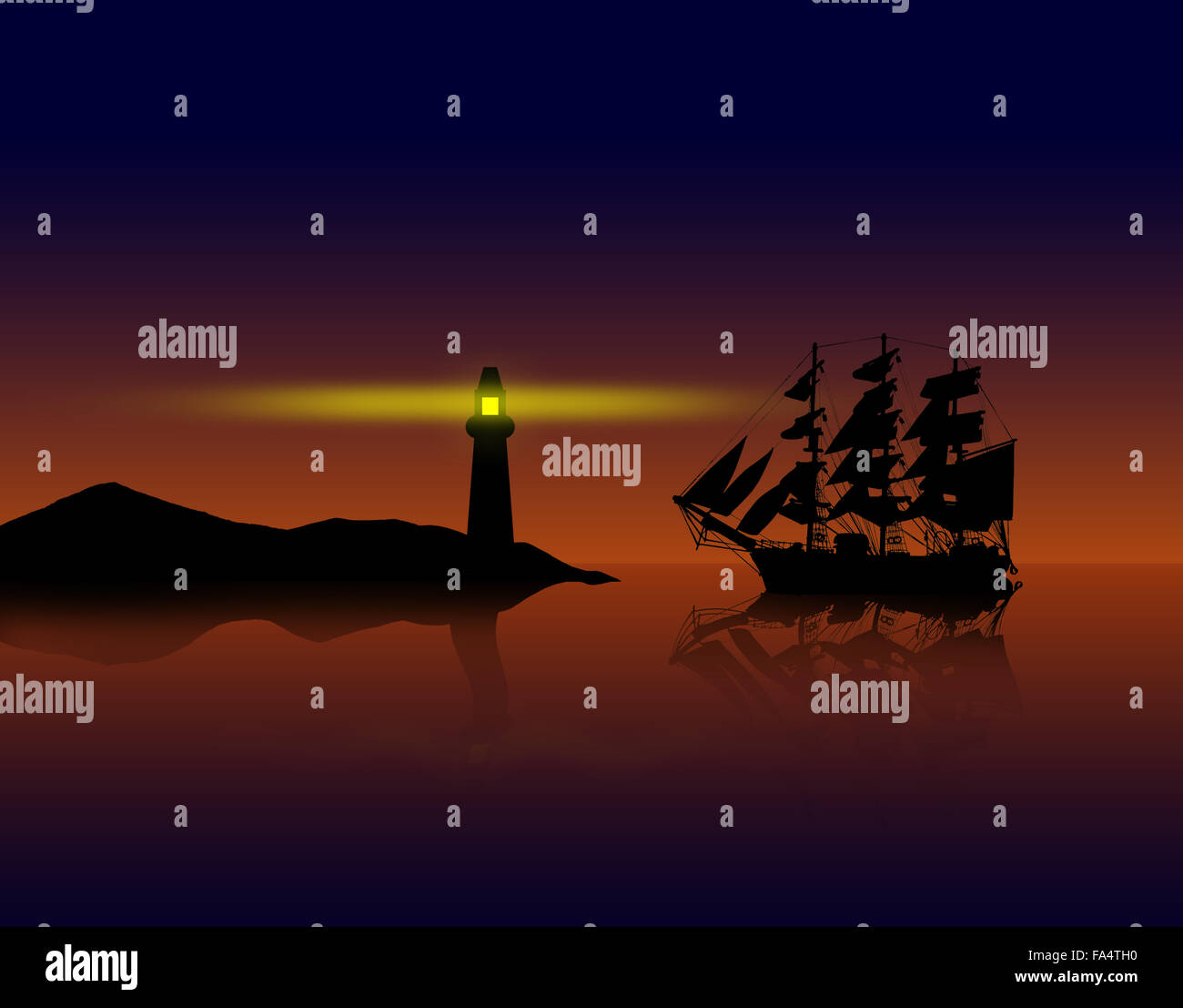 Illustration of a old tall ship near a lighthouse on the coast Stock ...