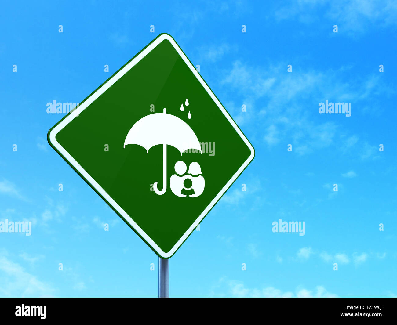 Safety concept: Family And Umbrella on road sign background Stock Photo ...