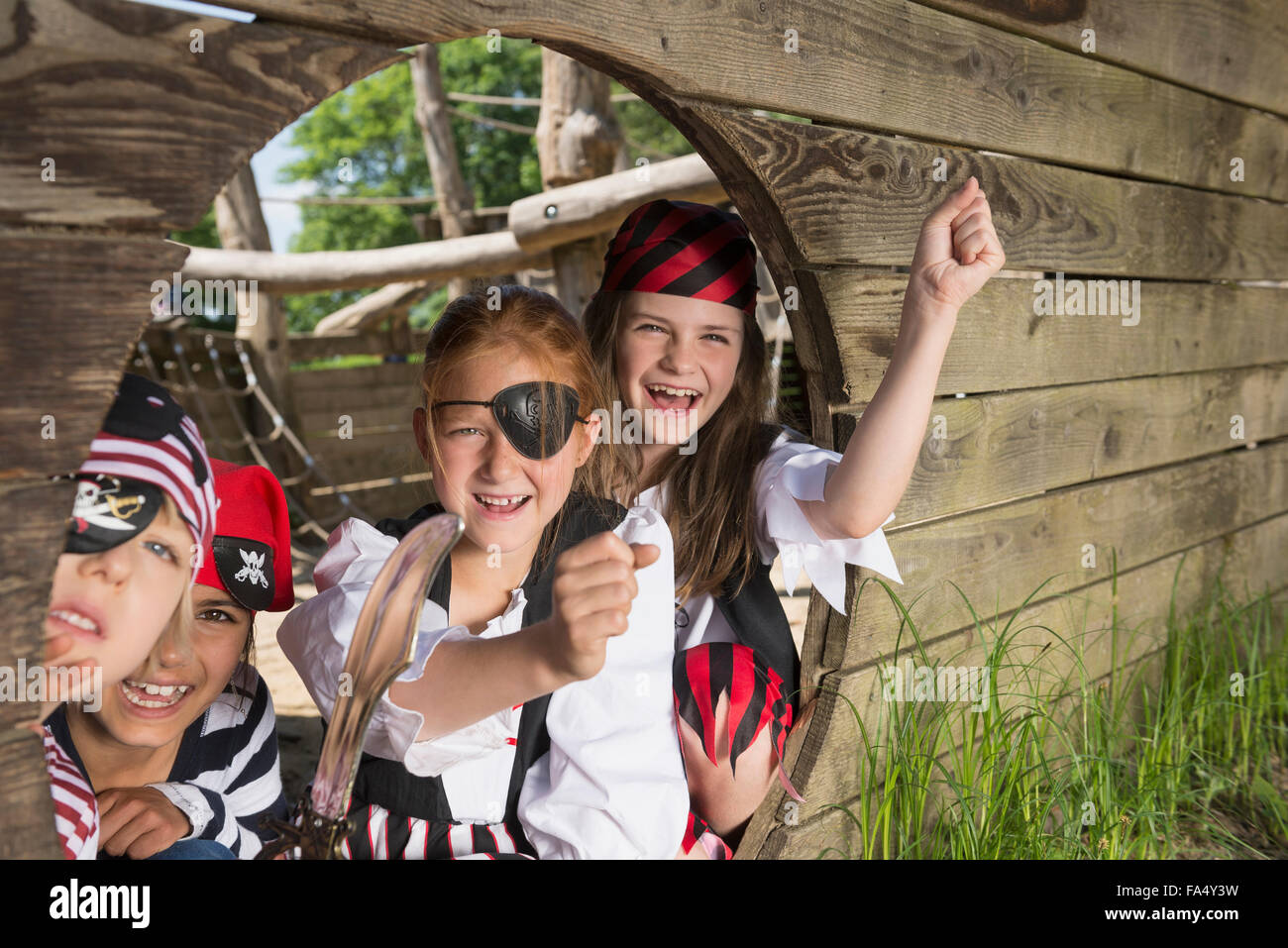 children playing on a pirate ship in adventure playground, Bavaria ...