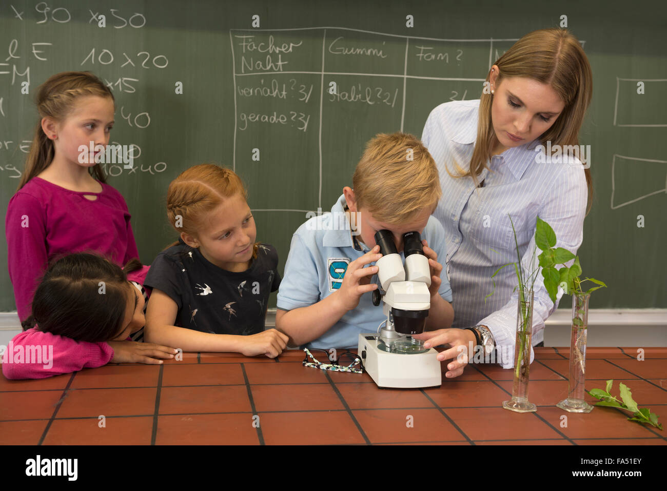 school students with teacher looking through a microscope ...