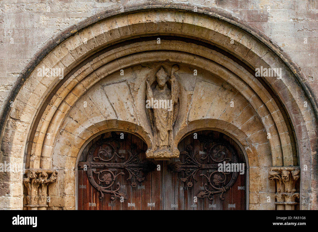 Llandaff Cathedral Cardiff showing the upper part of the west door and ...