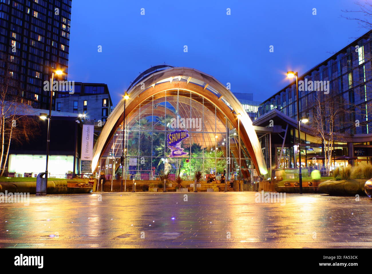 Main entrance to the Winter Garden on Surrey Street in Sheffield city ...