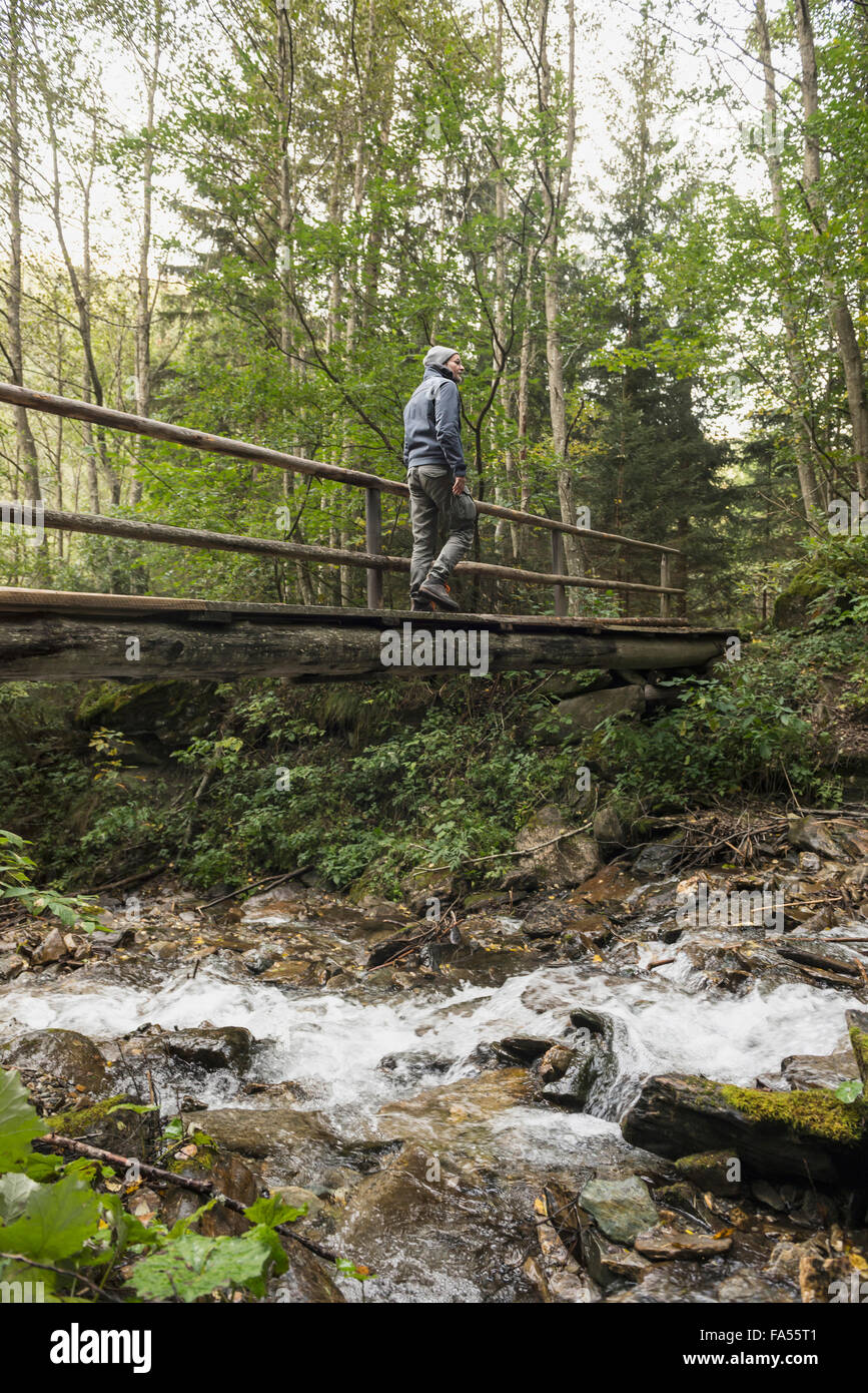 Mature hiker crossing footbridge in forest, Austrian Alps, Carinthia ...