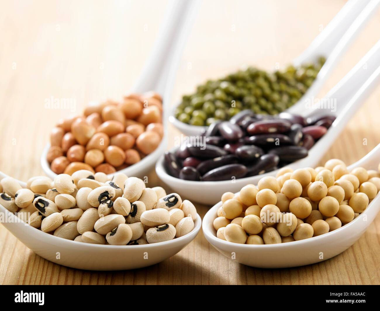 variety of beans group in five spoons Stock Photo - Alamy