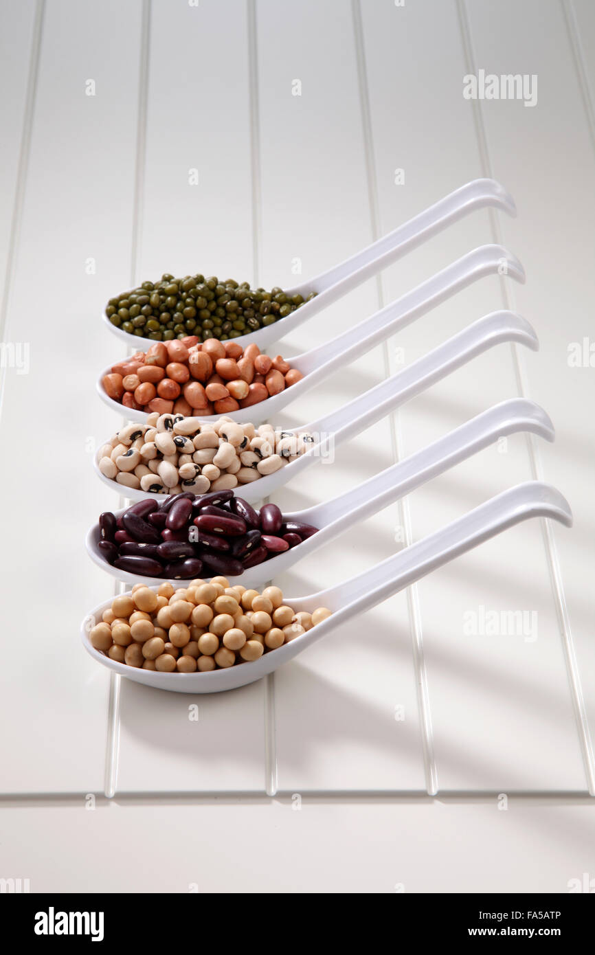 variety of beans group in five spoons Stock Photo - Alamy