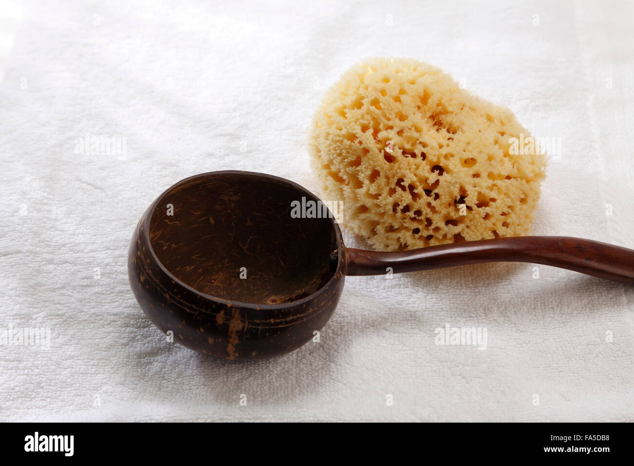 top view of the spongeand coconut shell with handle on top of towel ...
