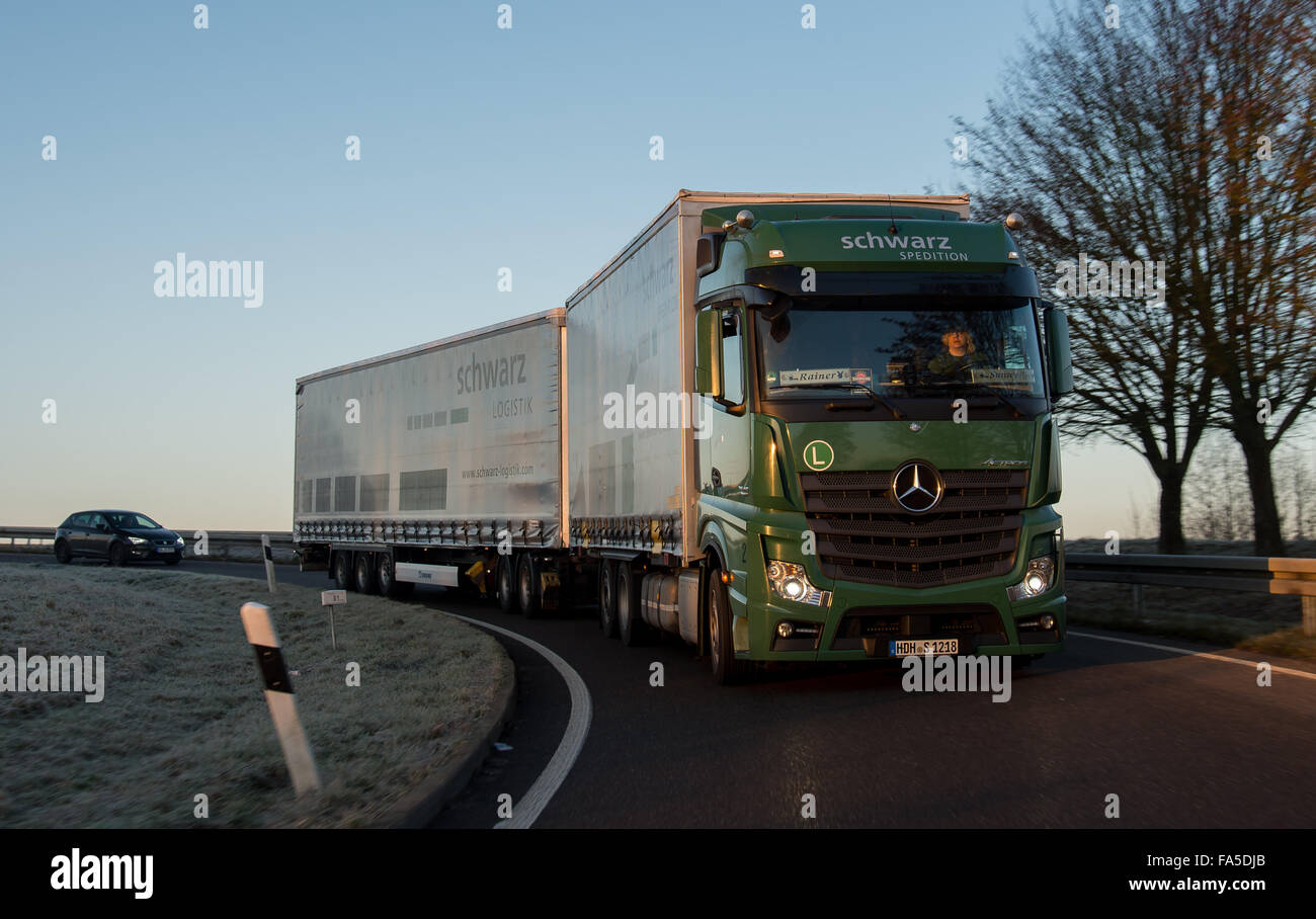 Sindelfingen, Germany. 08th Dec, 2015. A Mercedes Benz super lorry ...