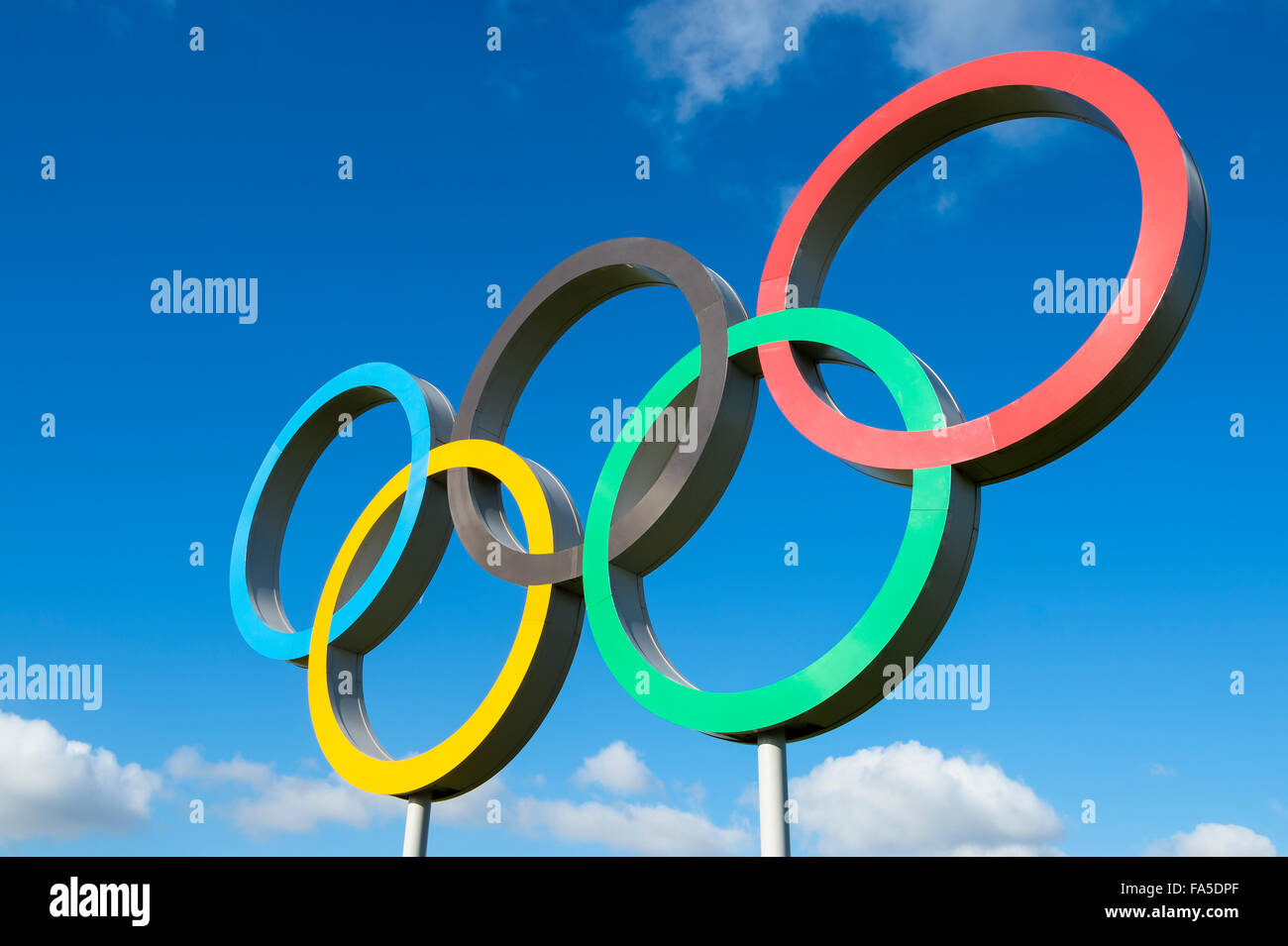 LONDON, UK - OCTOBER 14, 2015: Olympic rings stand under bright blue ...