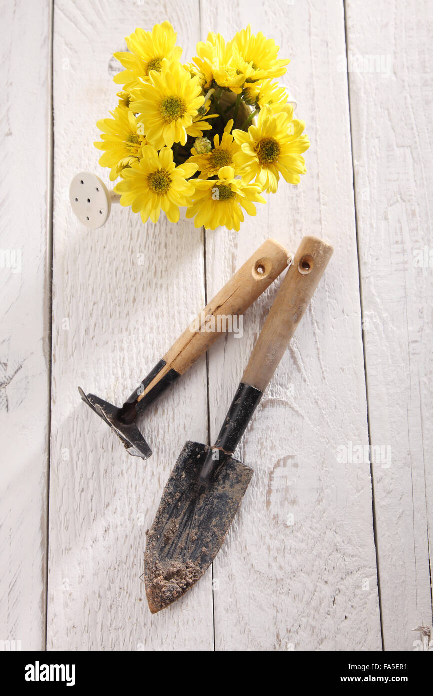 gardening tool and flowers on the pot Stock Photo - Alamy