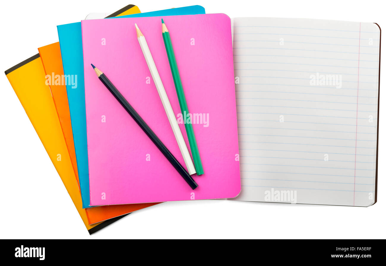 Set of notebooks with crayons Stock Photo - Alamy