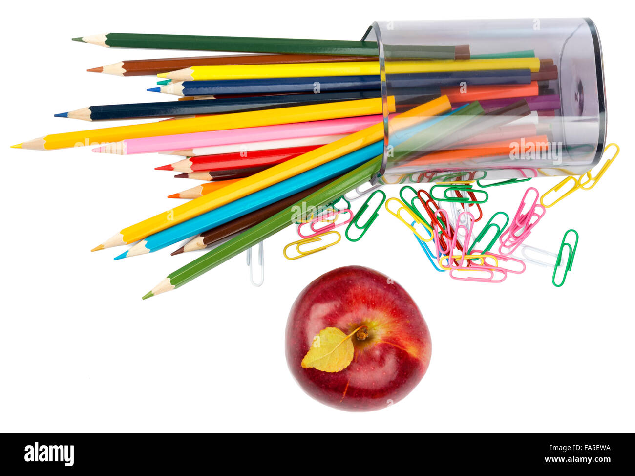 Fresh red apple with crayons Stock Photo - Alamy