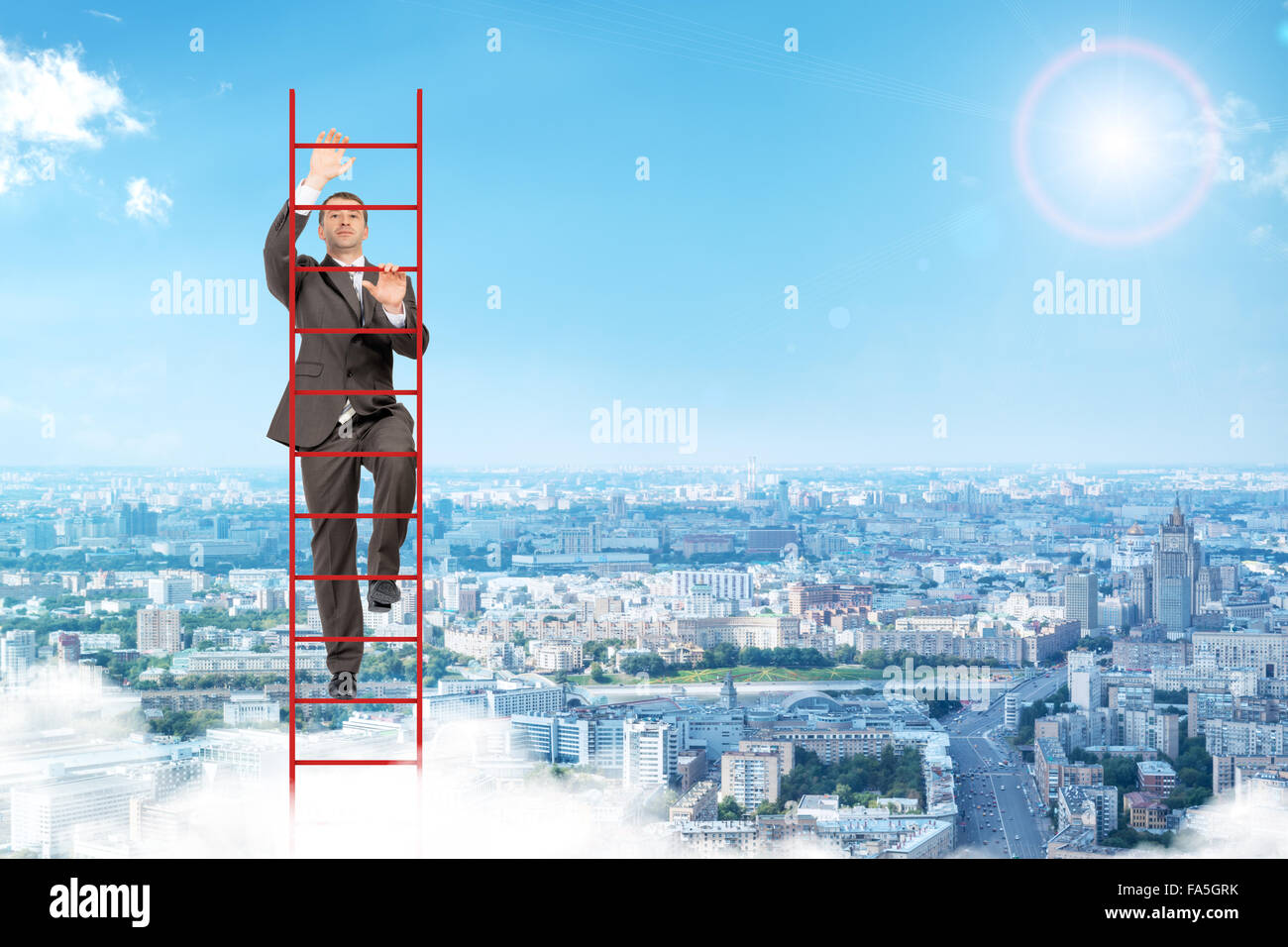 Businessman climbing red ladder in sky Stock Photo - Alamy