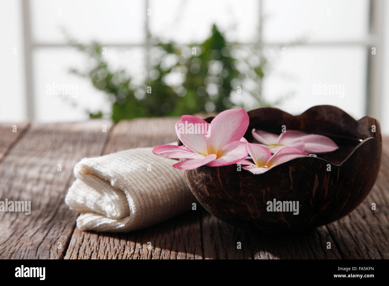 frangipani flower ,hand towel and coconut shell Stock Photo - Alamy