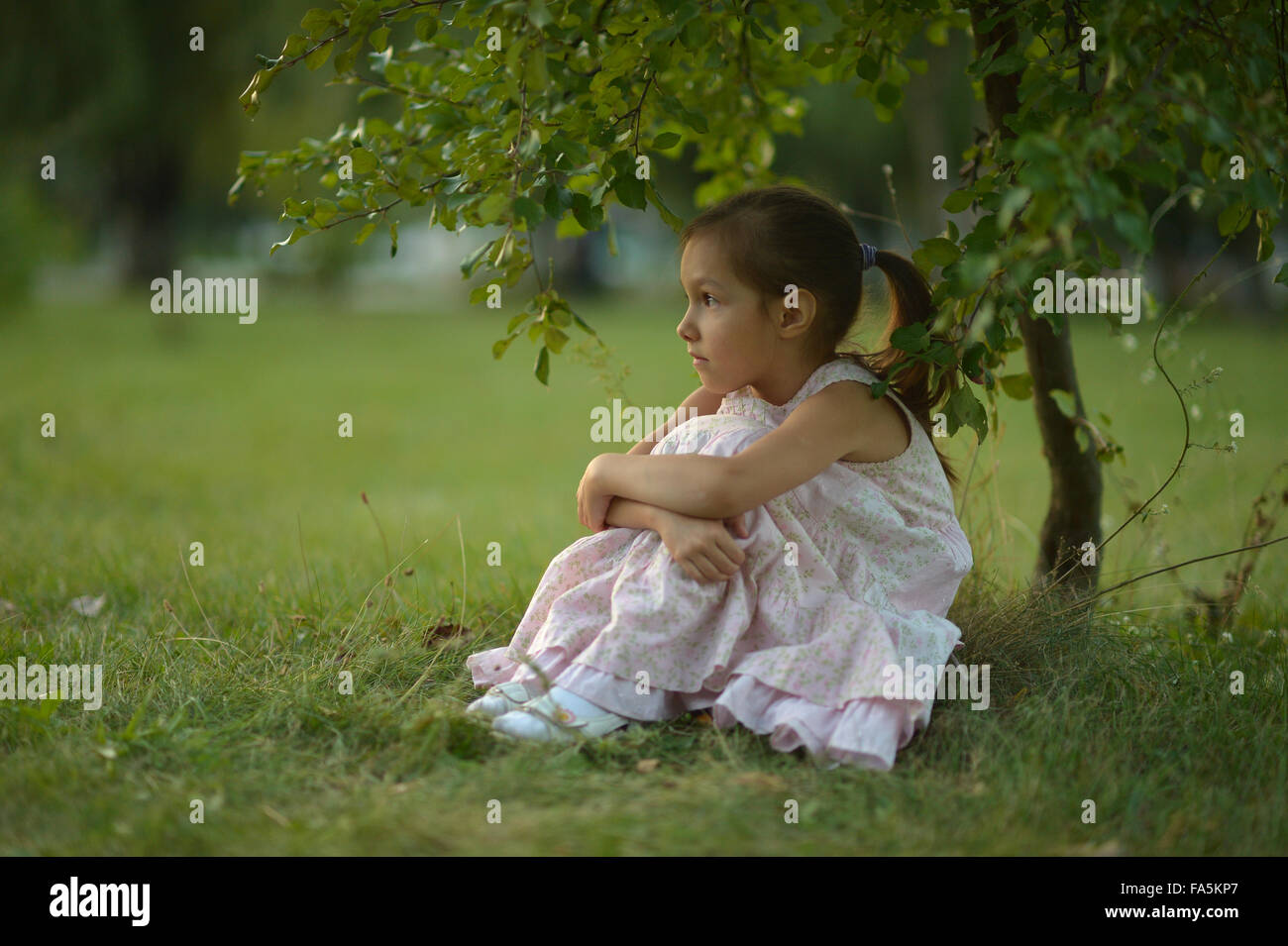 Little girl sitting under tree Stock Photo - Alamy Little girl sitting under tree Stock Photo - Alamy