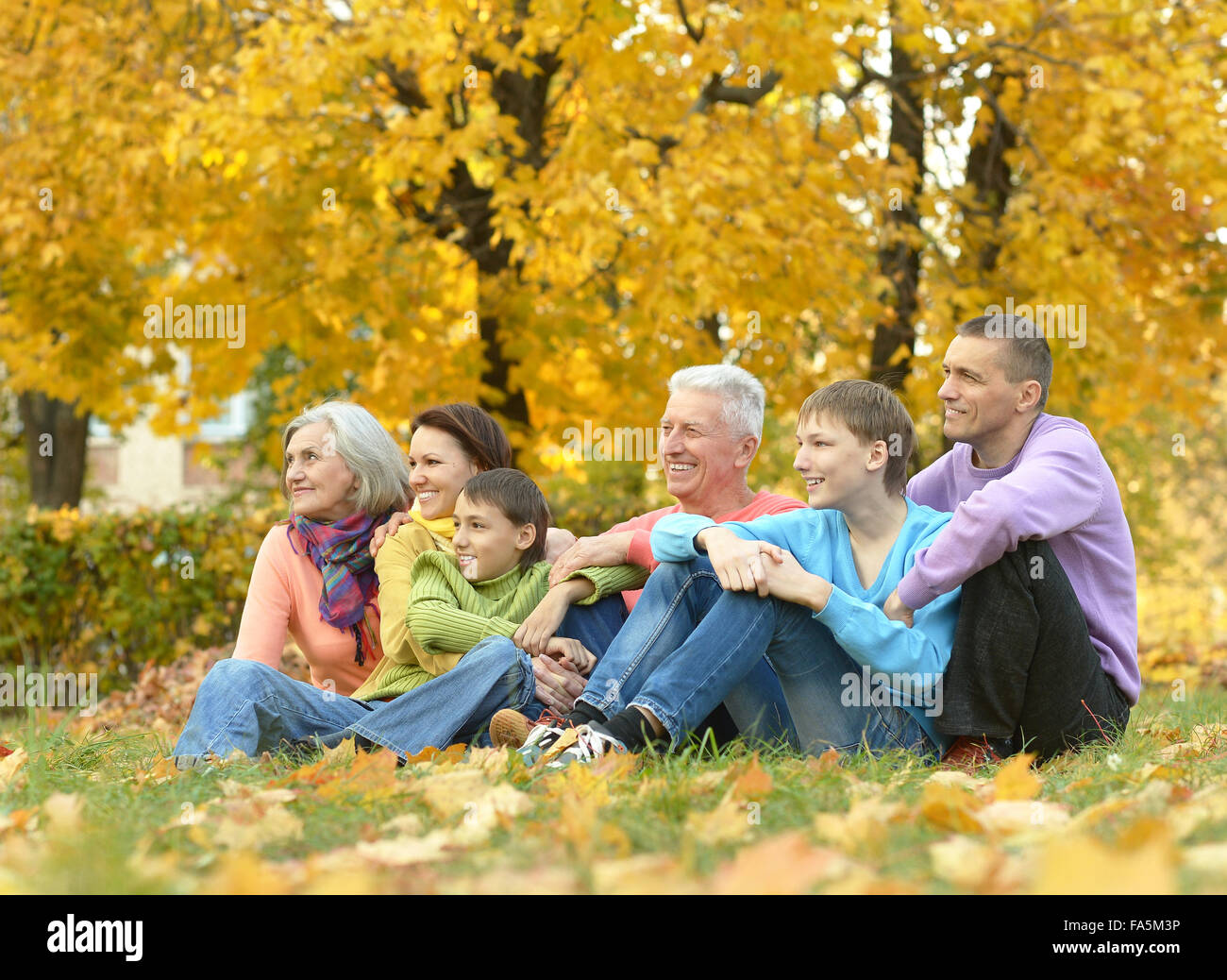 happy family relaxing in autumn forest Stock Photo - Alamy