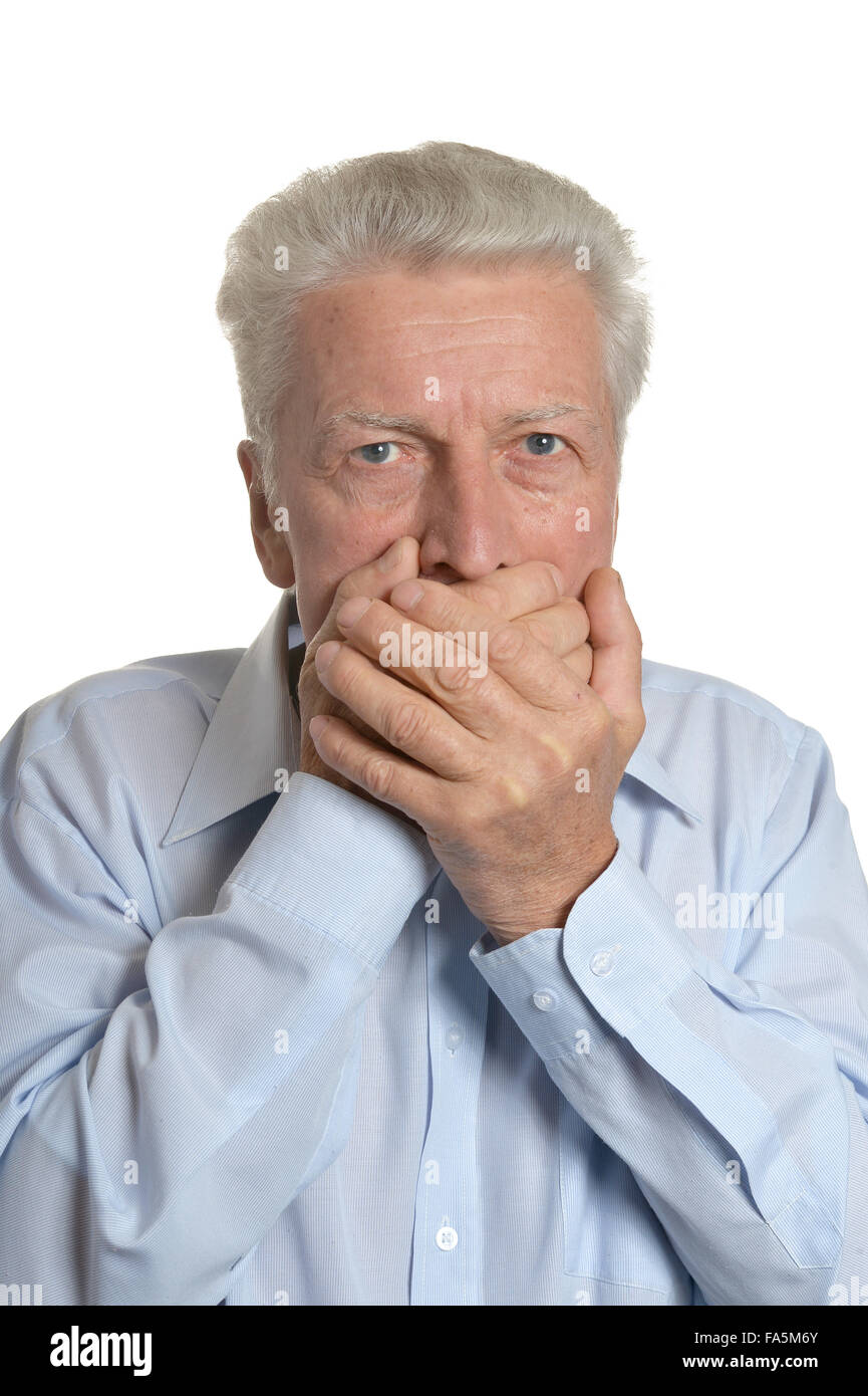 man scared and shut hands over her mouth Stock Photo - Alamy